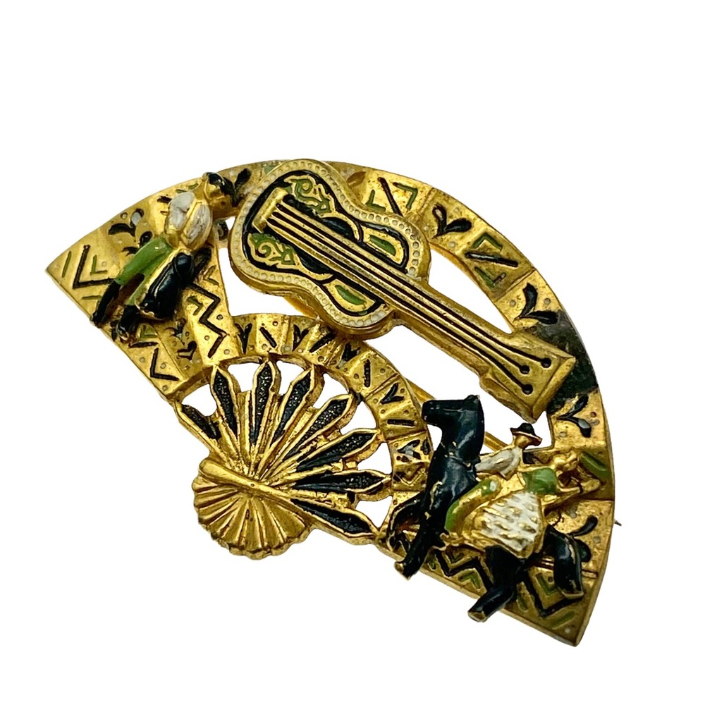 Vintage Damascene Textured Fan Brooch Men Horse Figur… - Gem